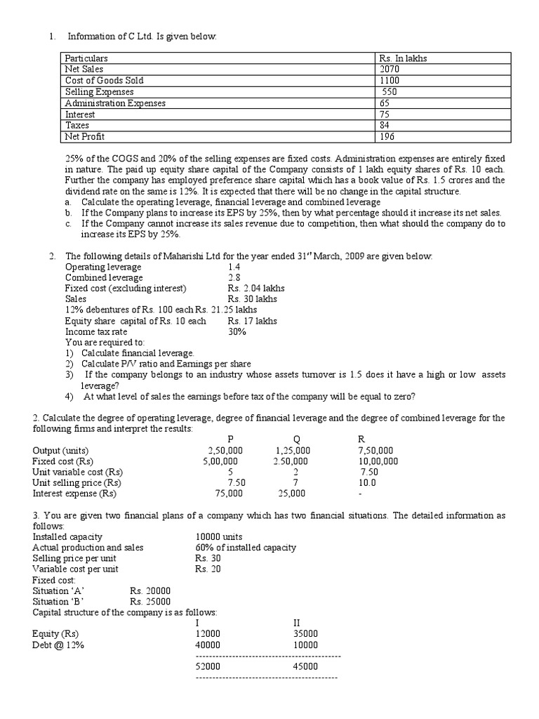 Problems On Leverage Analysis | PDF | Capital Structure | Financial Capital