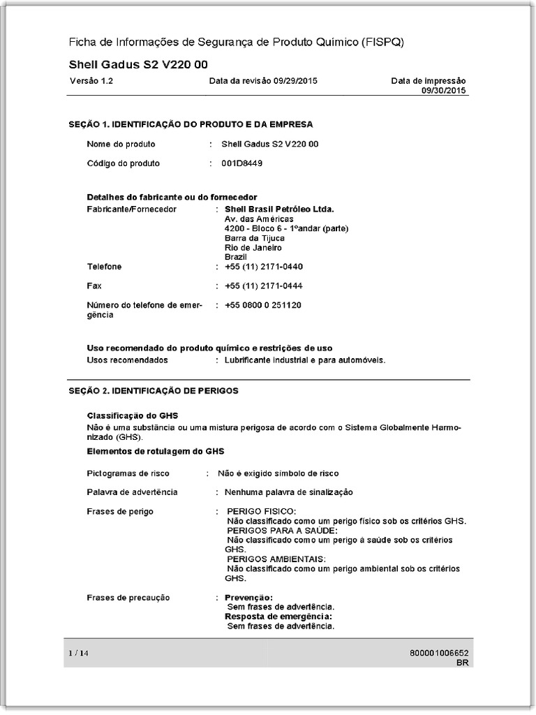 Graxa Shell Gadus S2 V 220 00 - NLGI 00 | PDF