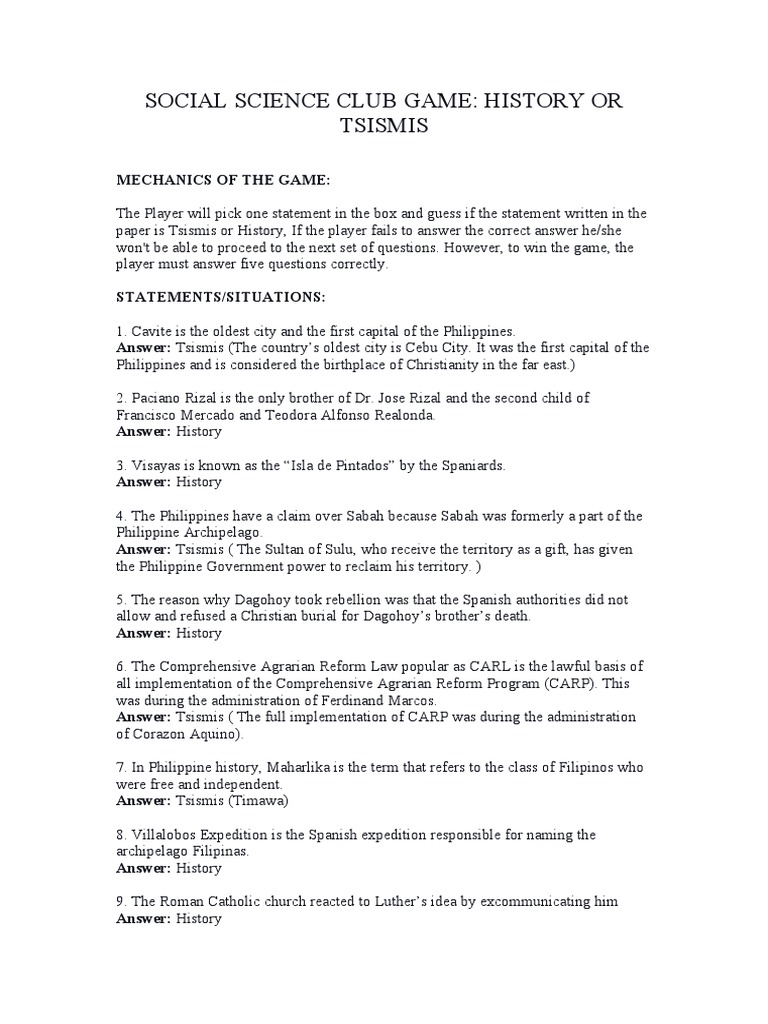 Social Science Club Game: History or Tsismis | PDF | Philippines ...