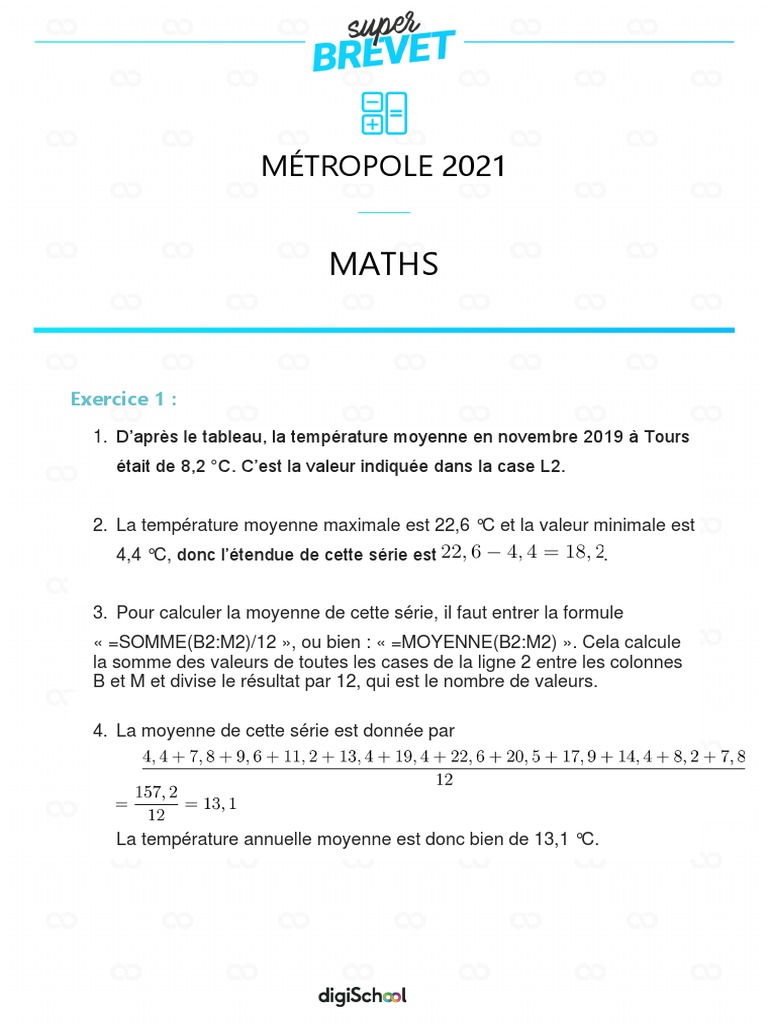 Sujet Brevet Maths 2021 Corrigé | PDF