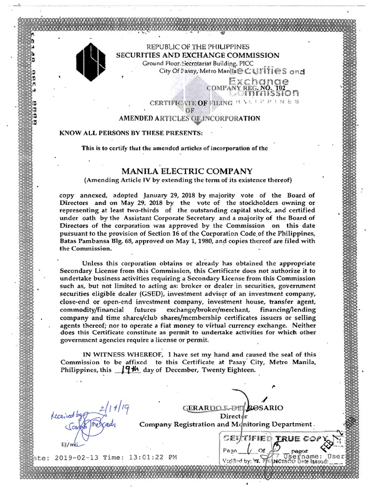 Meralco - Amended Aoi 2018 - Receiving | PDF