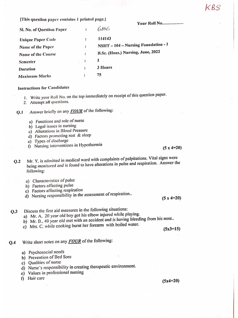 Nursing Foundation 1 Pyq | PDF