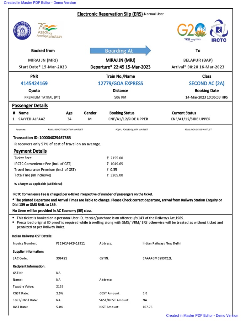 12779/GOA EXPRESS Second Ac (2A) | PDF | Identity Document