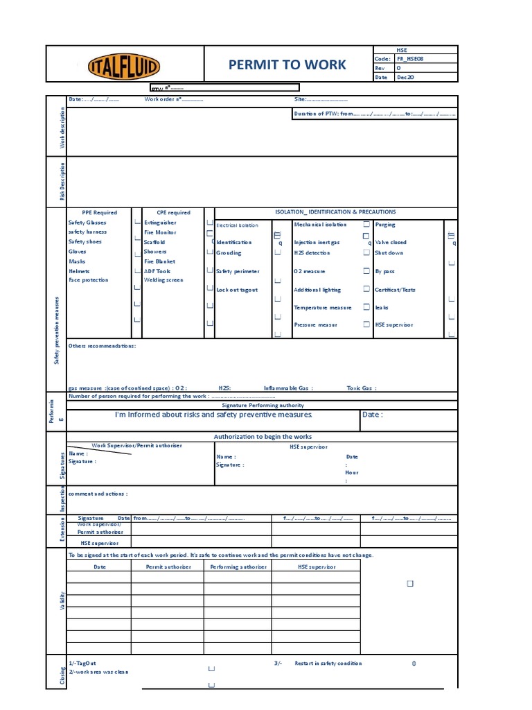 Permit To Work: PTW N° | PDF | Equipment | Occupational Safety And Health