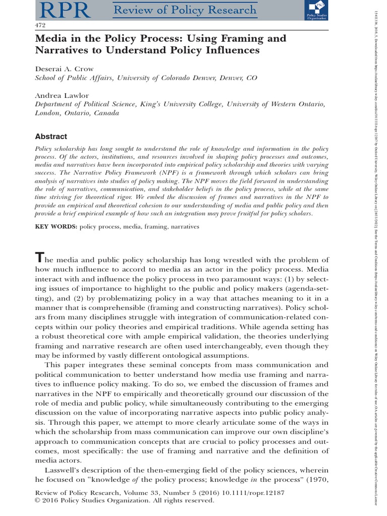 Review of Policy Research - 2016 - Crow - Media in The Policy Process ...