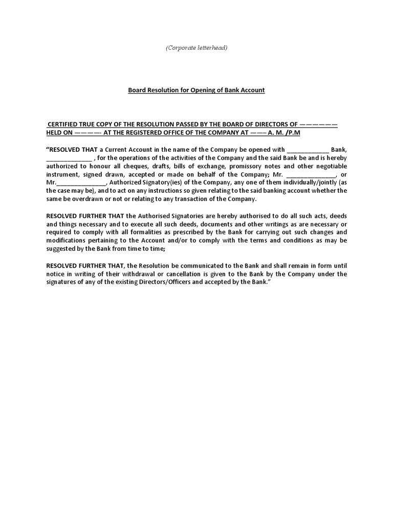 Board Resolution To Open A Bank Account | PDF
