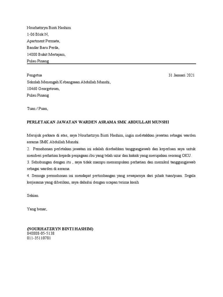 Surat Letak Jawatan Warden | PDF