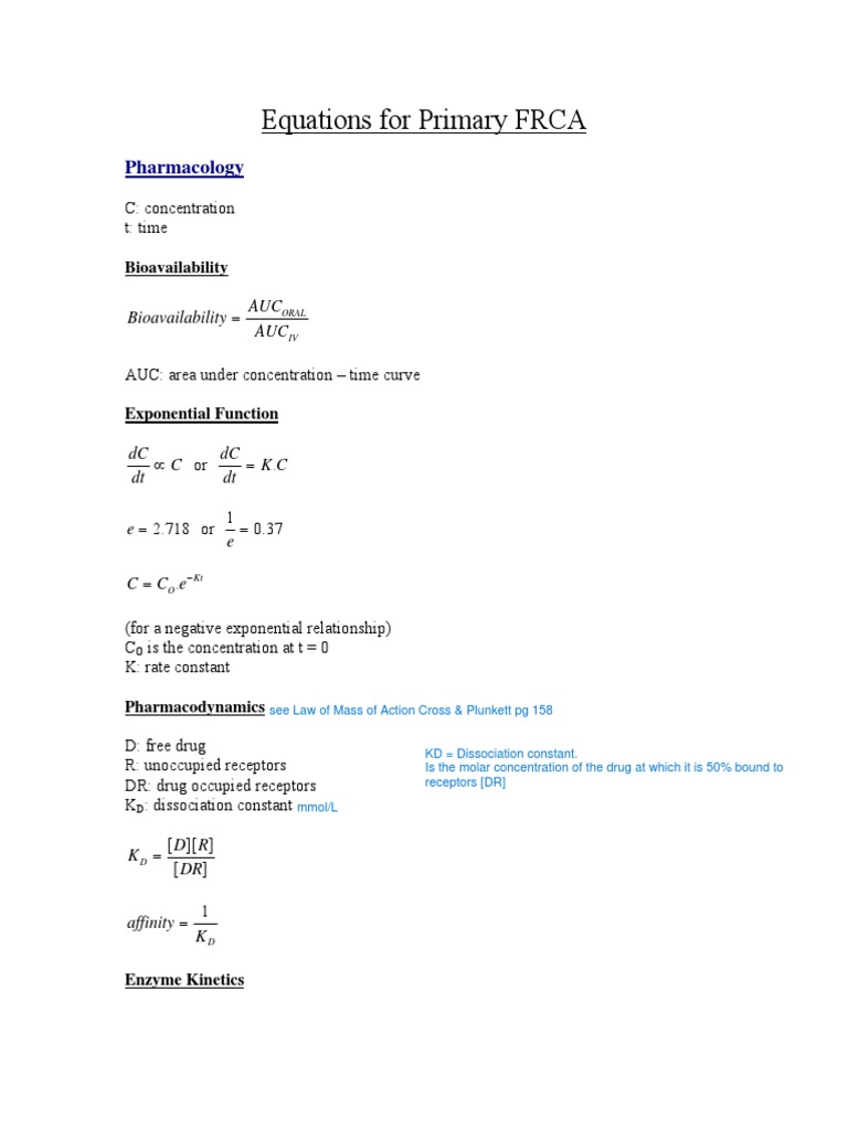Equations for Primary FRCA Exam | PDF | Blood Pressure | Fluid Dynamics