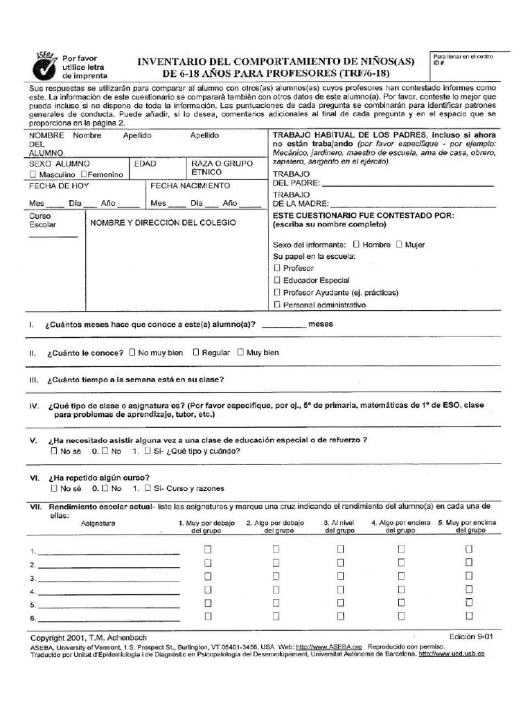 CBCL - TRF (Profesores) - Inventario de Conducta de Niños (6-18) | PDF