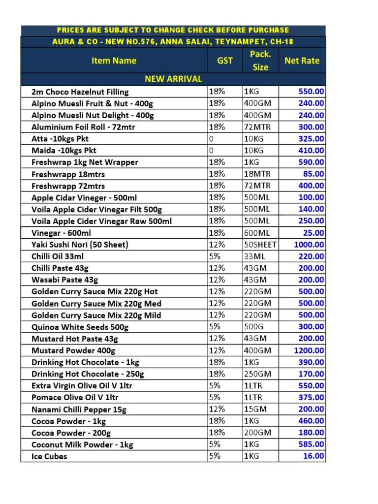 Item Name GST Pack. Size Net Rate New Arrival: Aura & Co - New No.576, Anna Salai, Teynampet, Ch ...