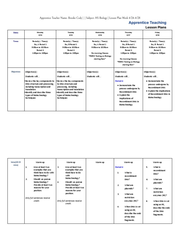 Lessons Plans Week 4 24 To 4 28 BC | PDF | Molecular Cloning | Plasmid