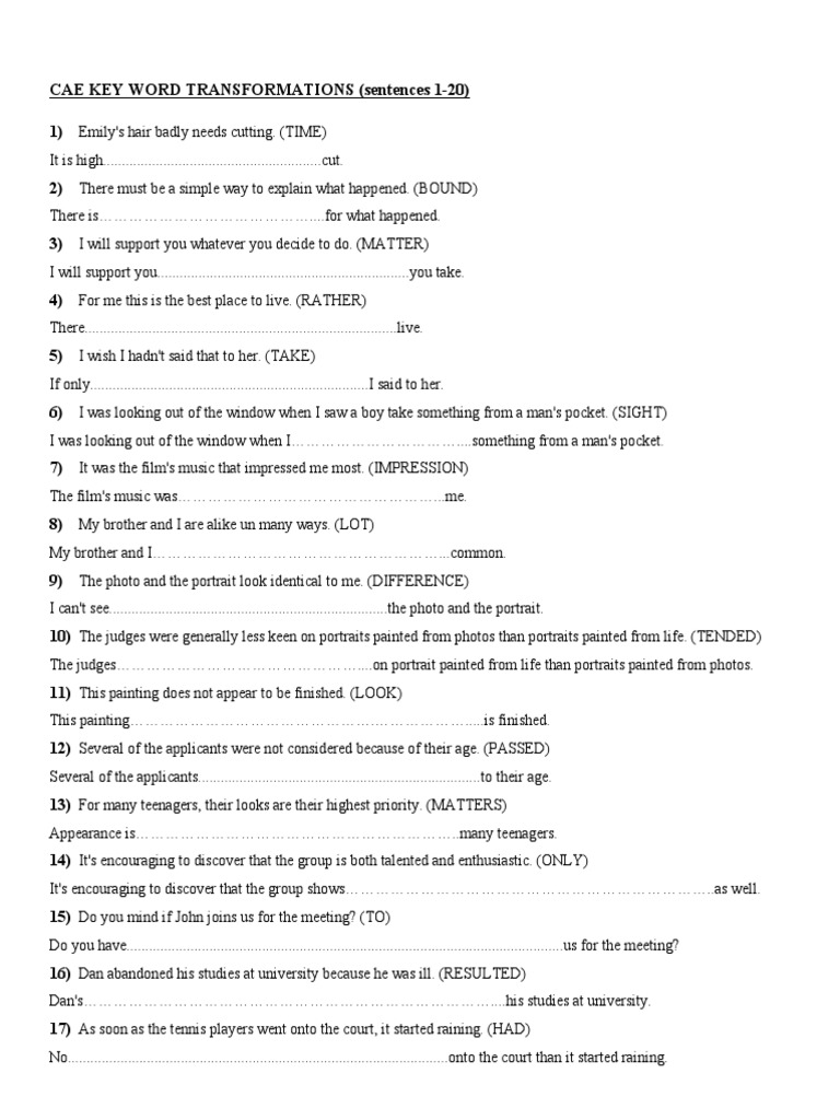 CAE KEY WORD TRANSFORMATIONS Sent 1-20 | PDF