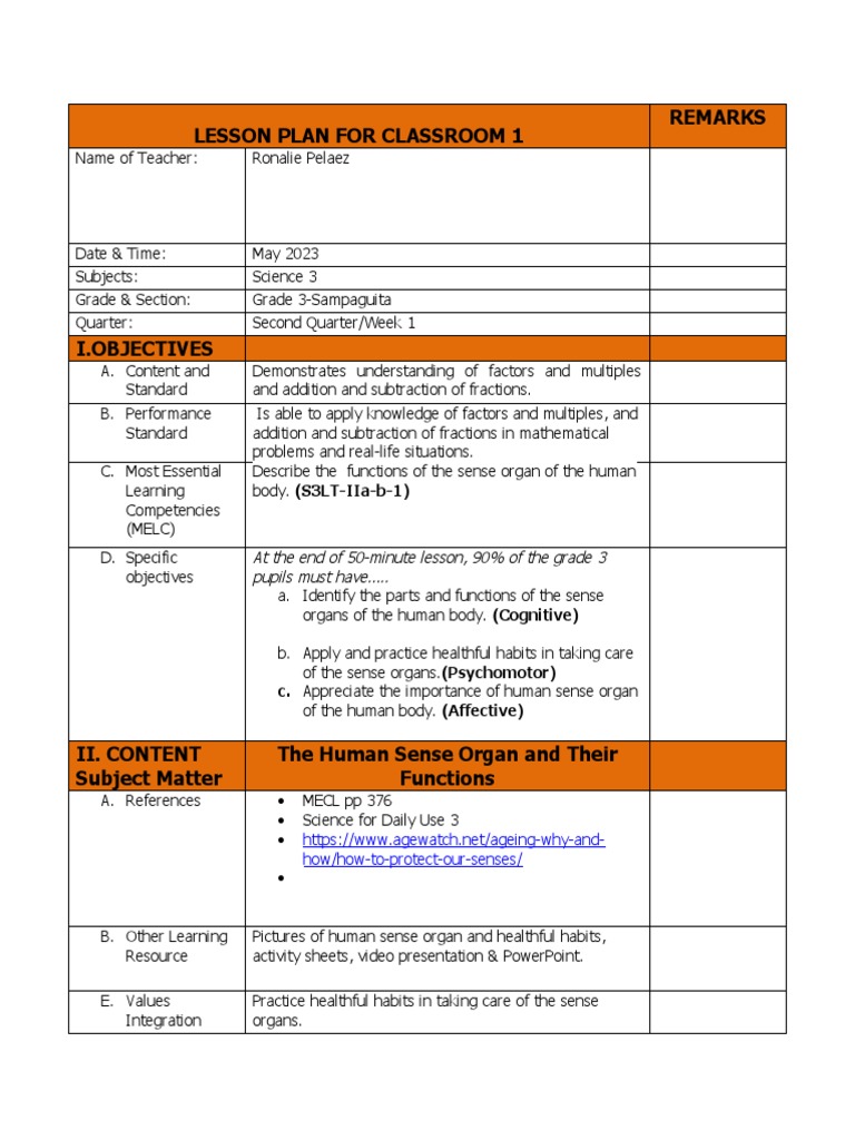 Lesson Plan For Classroom | PDF | Senses | Learning