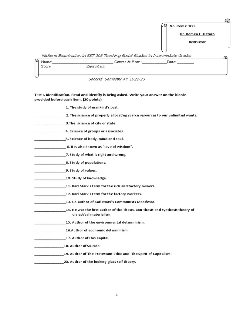 Midterm in SST 203. Teaching Social Studies in The Intermediate Grades Detaro | PDF | Karl Marx ...