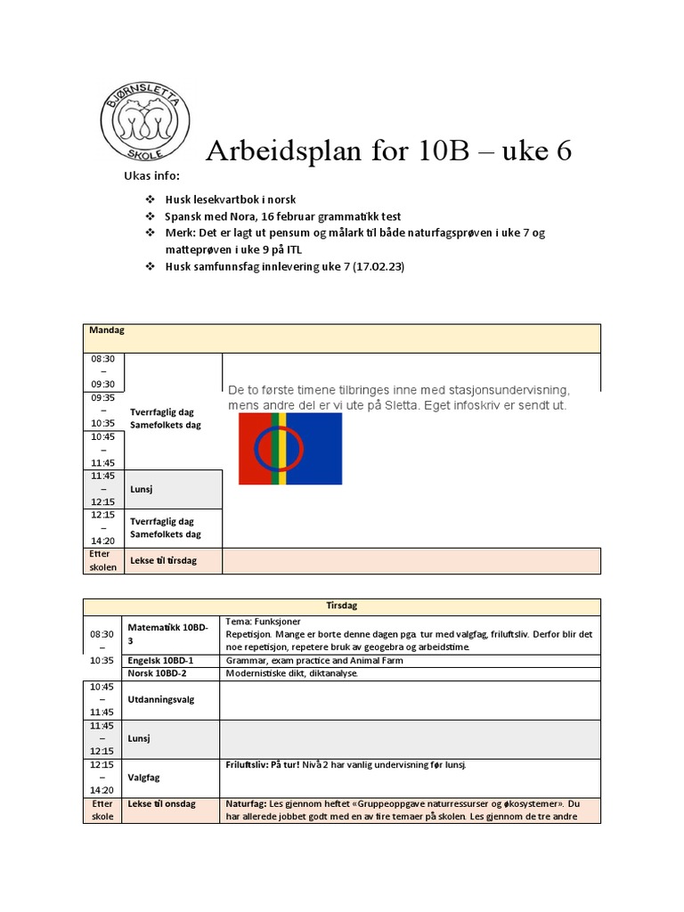 Arbeidsplan For 10B - Uke 6: Ukas Info | PDF