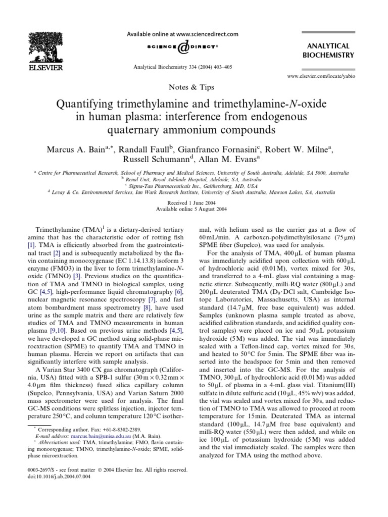 Quantifying Trimethylamine and Trimethylamine-N-Oxide in Human Plasma: Interference From ...
