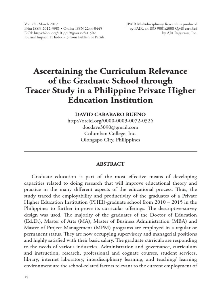 Ascertaining The Curriculum Relevance of The Graduate School Through Tracer Study in A ...