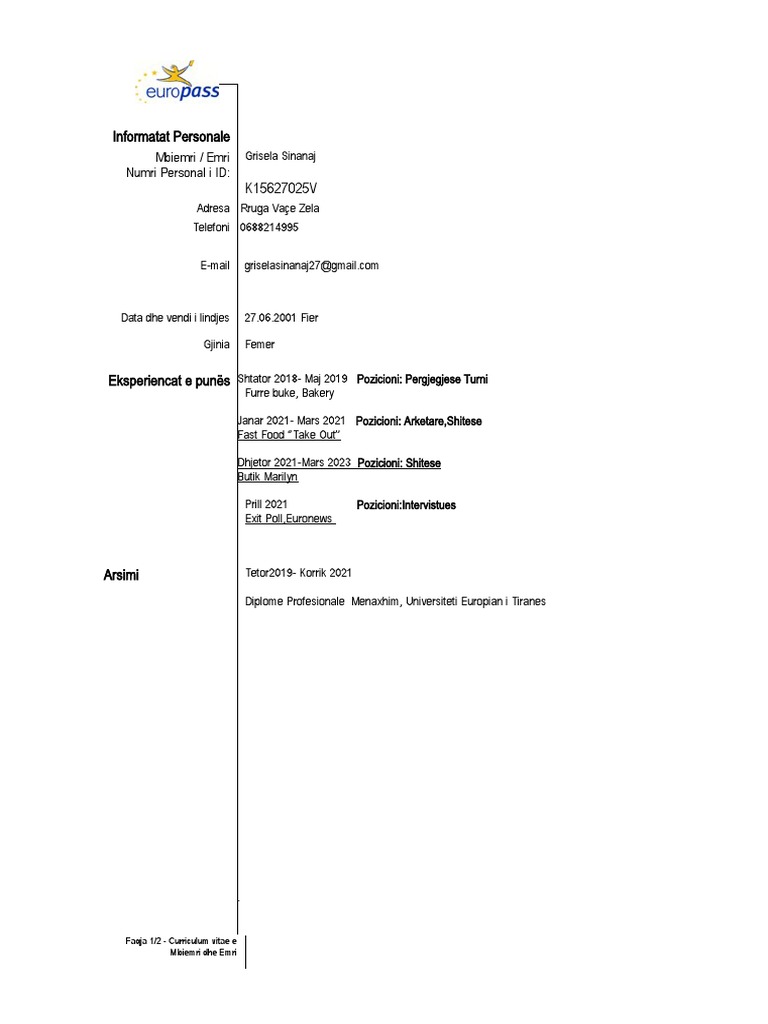 Informatat Personale K15627025V: Mbiemri / Emri Numri Personal I ID | PDF