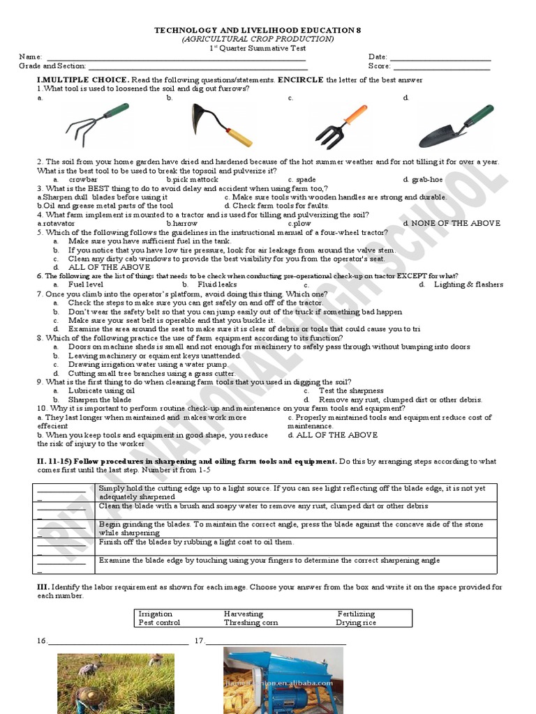 Agricultural Crop Production 1st Quarter Summative Test | PDF | Tractor ...