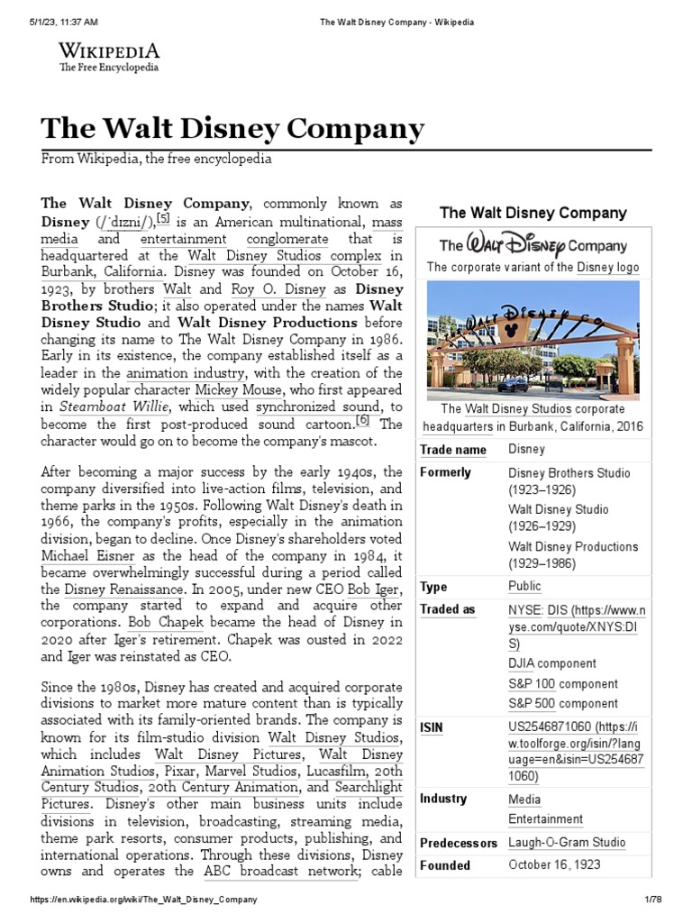 The Walt Disney Company, Commonly Known As Disney (/ Dɪzni/) | PDF ...