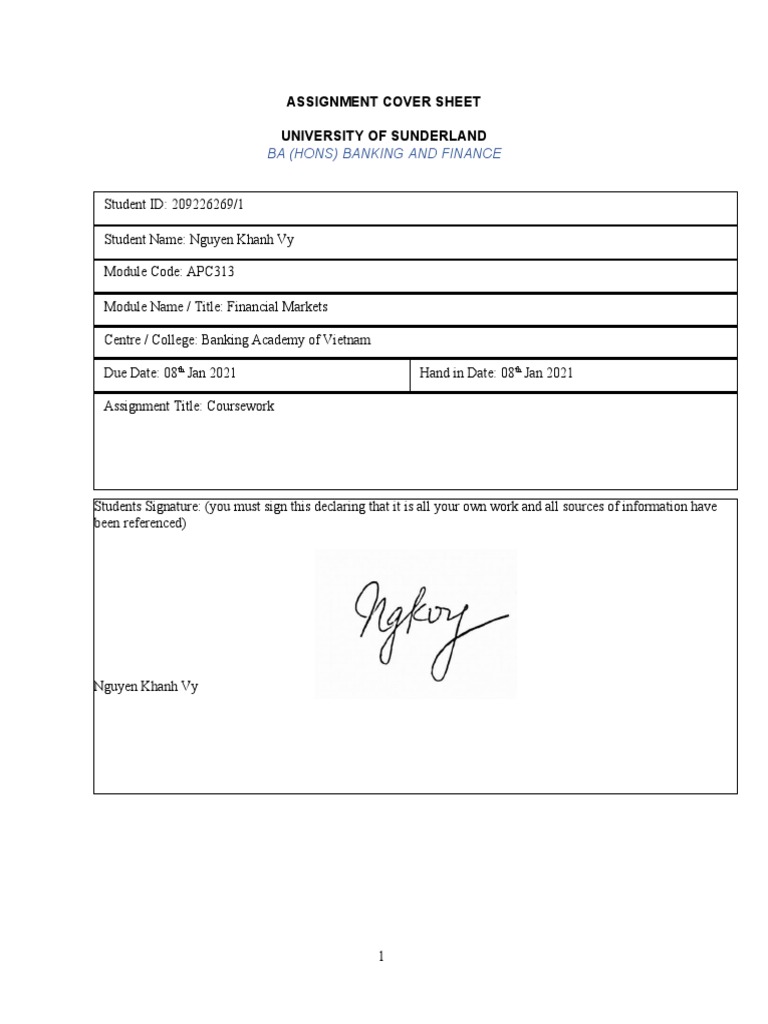 Ba (Hons) Banking and Finance: Assignment Cover Sheet University of ...