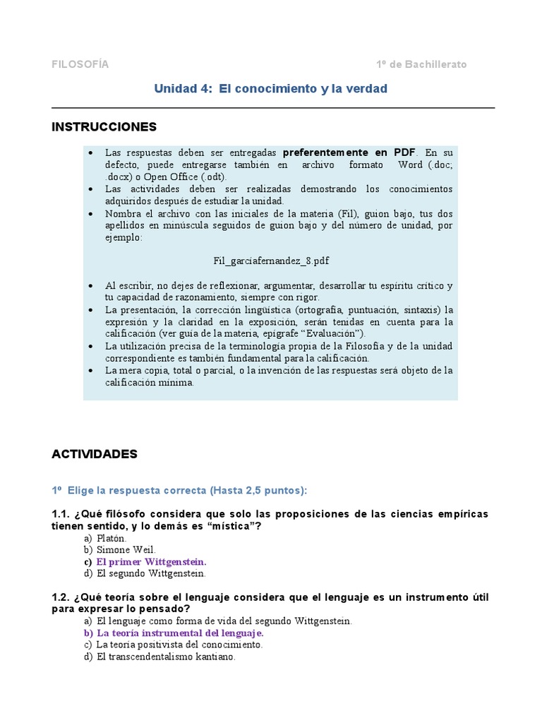 Instrucciones: Unidad 4: El Conocimiento y La Verdad | PDF | Verdad | Conocimiento