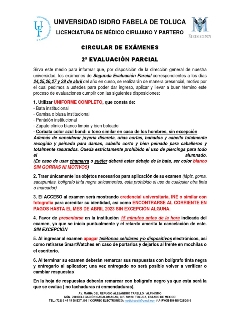 Universidad Isidro Fabela de Toluca: Circular de Exámenes 2 Evaluación Parcial | PDF