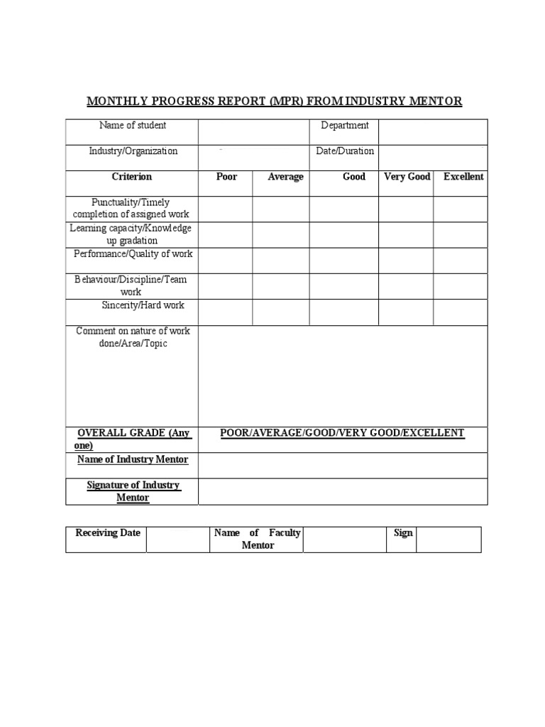 Monthly Progress Report (MPR) From Industry Mentor: Format | PDF