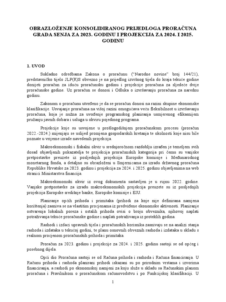Obrazloženje Konsolidiranog Proračuna Grada Senja Za 2023. Godinu I Projekcija Za 2024. I 2025 ...