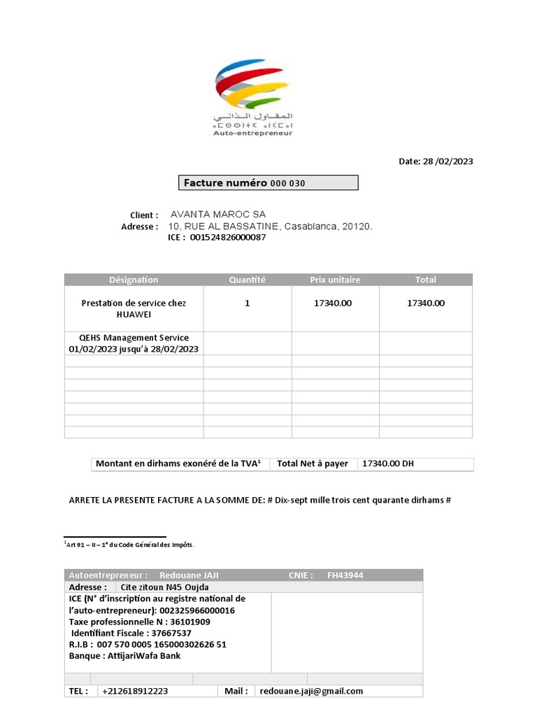 Facture AVANTA MAROC SA - 28/02/2023 | PDF