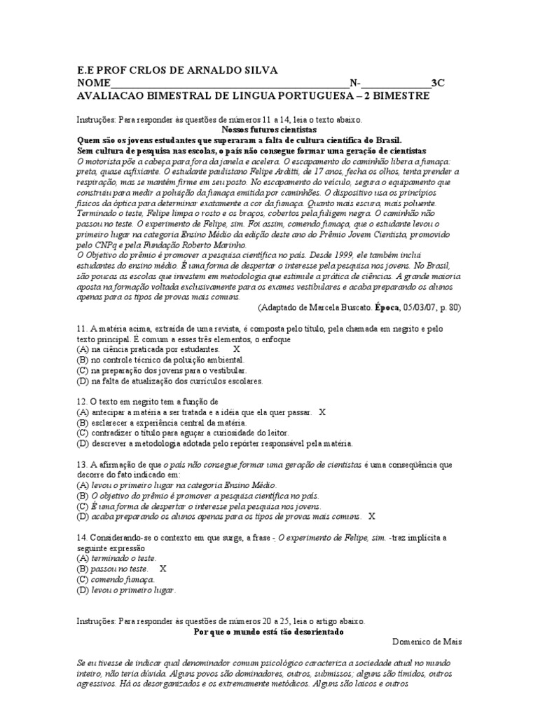 Avaliacao Do 2 Bimestre de Portugues 3c | PDF | Homo Sapiens | Science