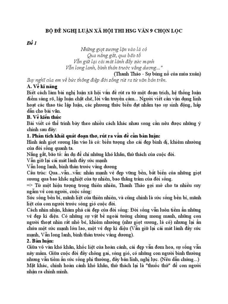 Các đề NLXH thi HSG môn Văn 9 có đáp án hướng dẫn | PDF