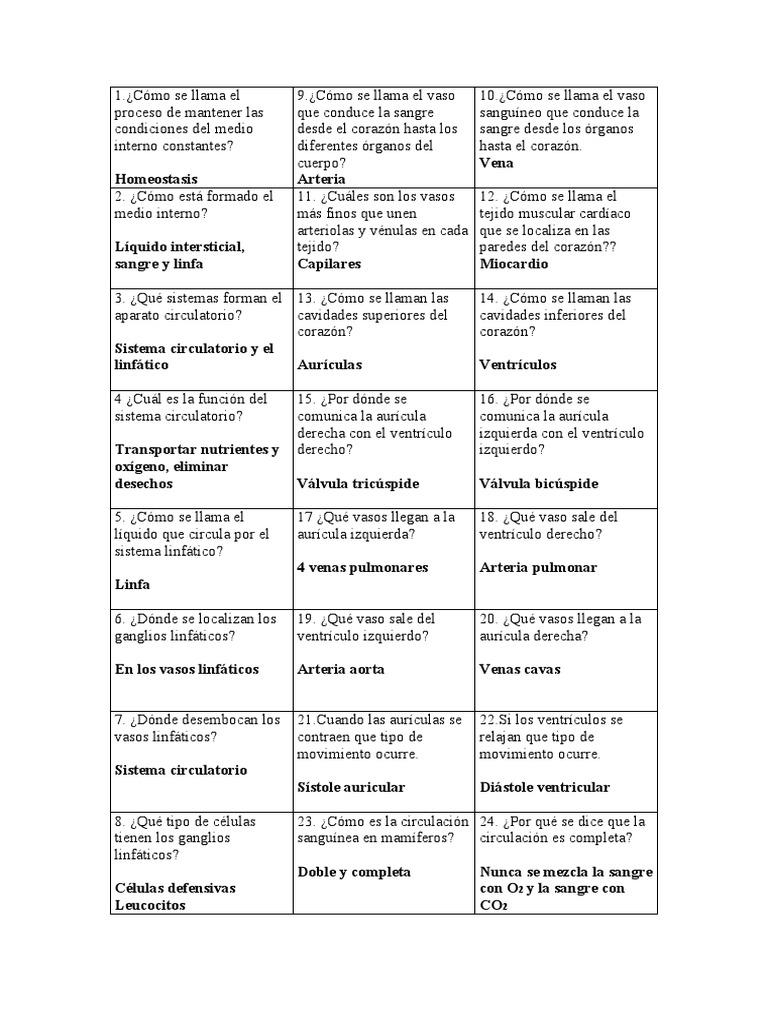 Preguntas y respuestas sobre el sistema circulatorio | PDF | Sistema ...