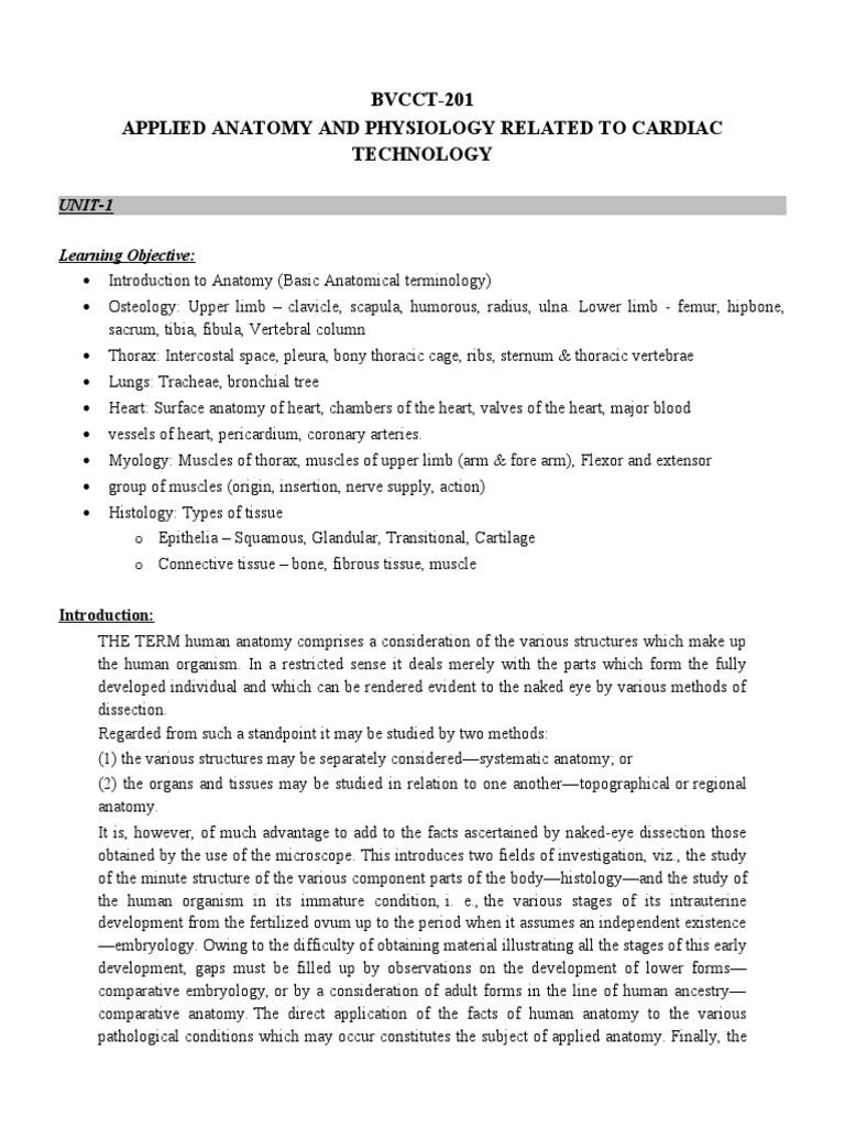 BVCCT-201 Applied Anatomy and Physiology Related To Cardiac Technology ...