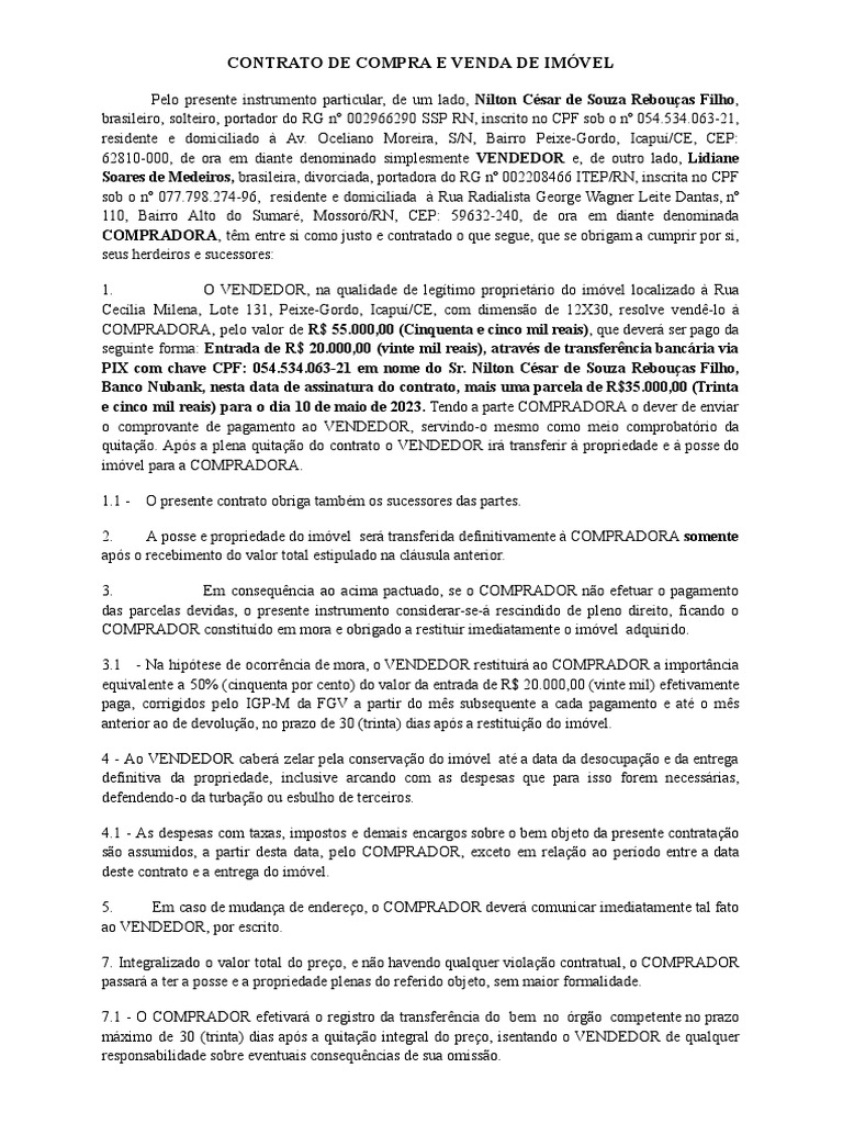Contrato De Compra E Venda De Imóvel Pdf Conceitos Jurídicos Lei