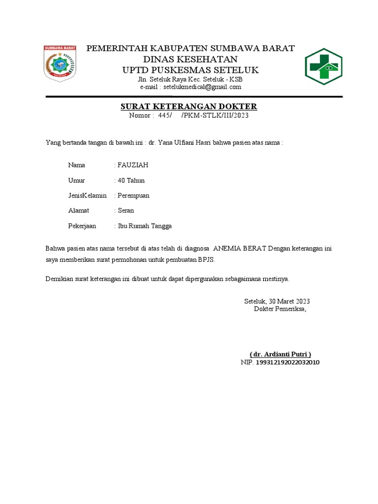 Surat Keterangan Dokter Pembuatan BPJS | PDF