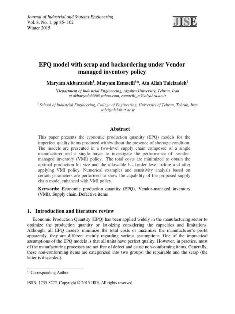 Epq Model With Scrap And Backordering Under Vendor Managed Inventory