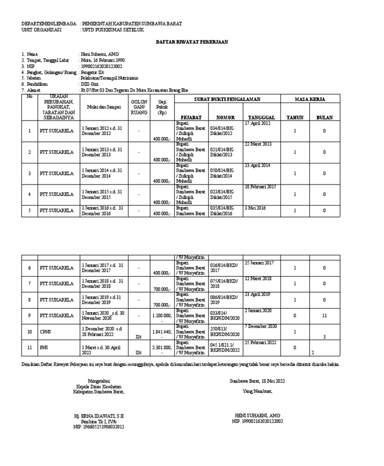 DAFTAR RIWAYAT PEKERJAAN - PMK Heni | PDF