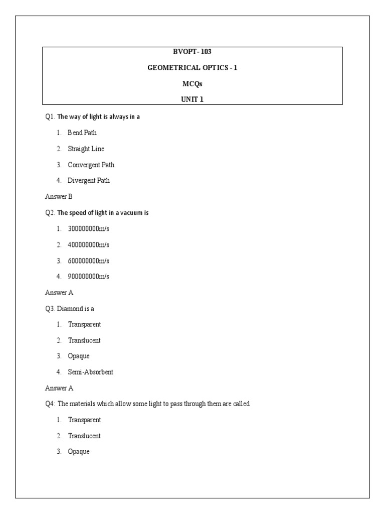 Geometric Optics MCQs for Units 1-4 | PDF | Reflection (Physics) | Mirror