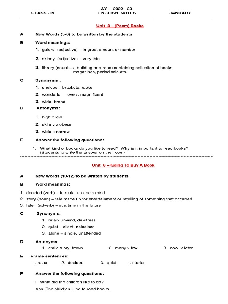 Class 4 - Eng - Notes - January | PDF