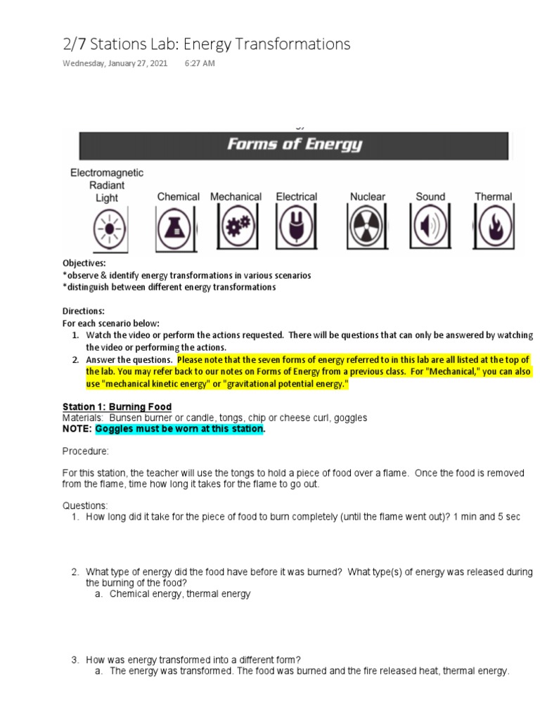 Energy Transformations Lab: Observe Changes Between Forms | PDF ...