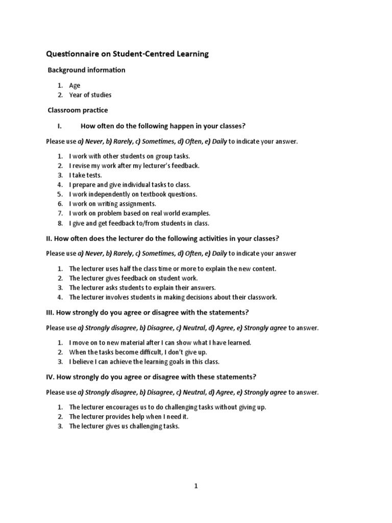 Questionnaire On Student-Centred Learning | PDF | Learning | Information