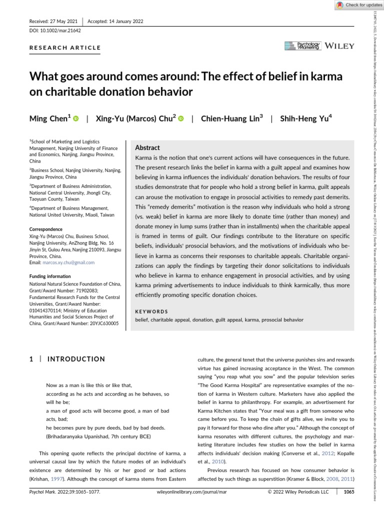 Psychology and Marketing - 2022 - Chen - What Goes Around Comes Around The Effect of Belief in ...
