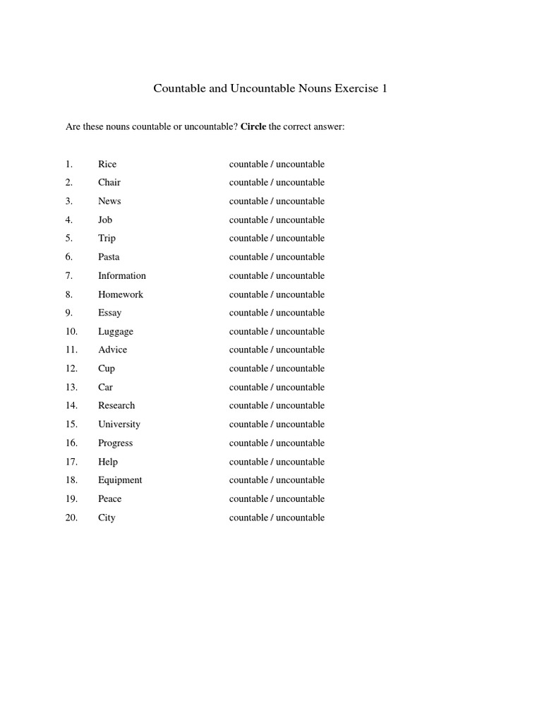 Countable and Uncountable Nouns Exercise 1 | PDF