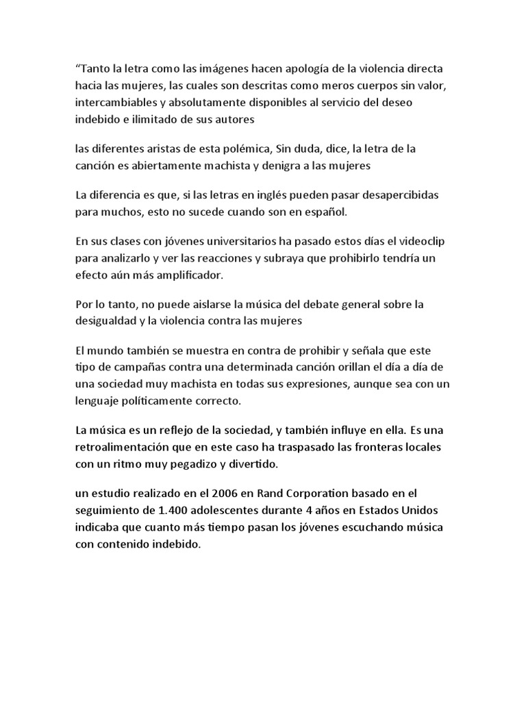 Violencia en letras de canciones: análisis crítico | PDF
