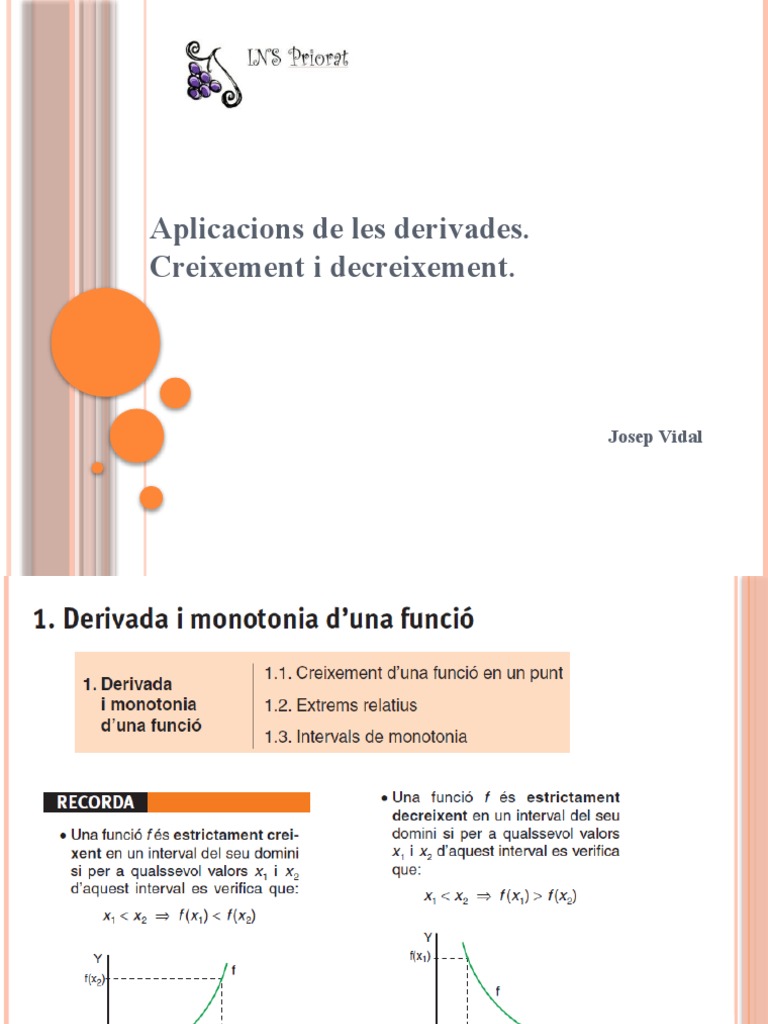 Aplicacions de Les Derivades. Creixement I Decreixement.: Josep Vidal | PDF