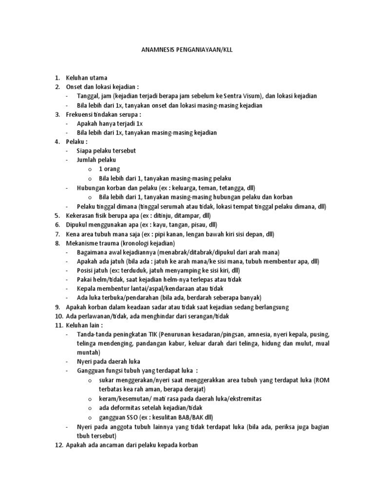 Anamnesis Penganiayaan Atau KLL | PDF