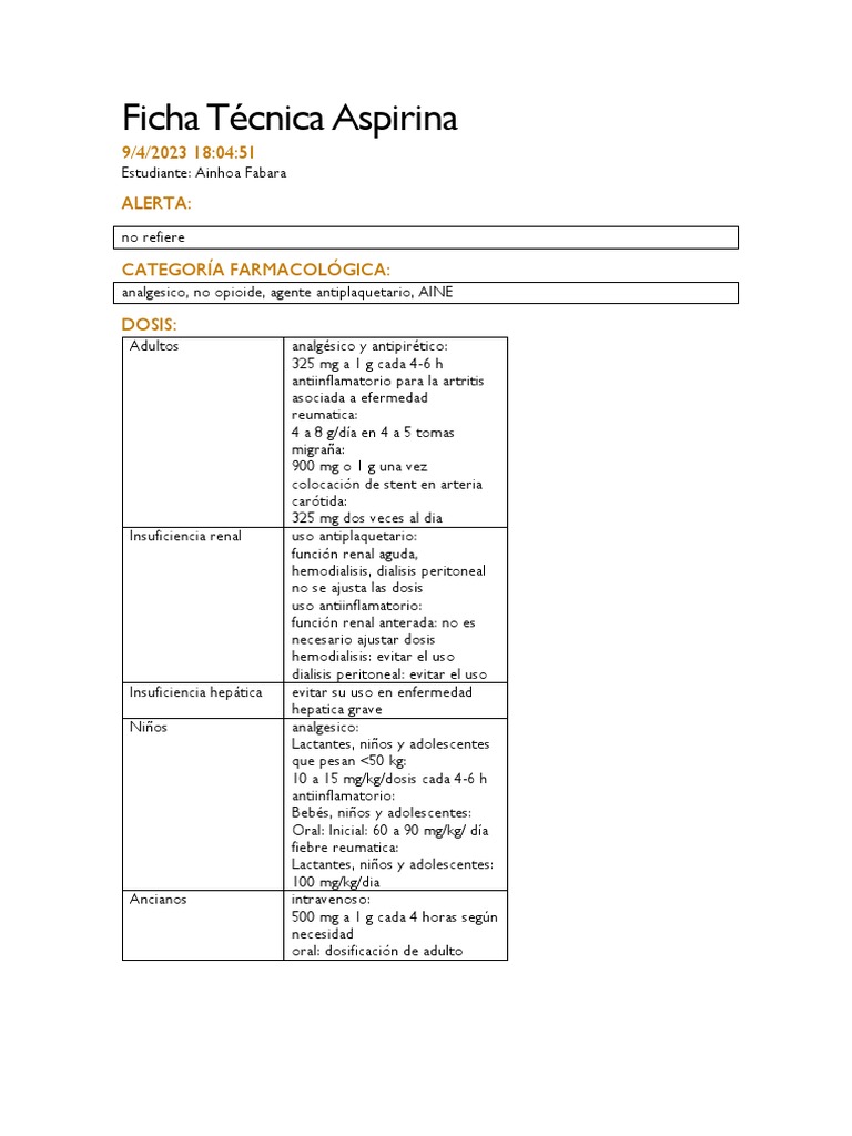 Ficha Tecnica Aspirina | PDF | Aspirina | Droga anti-inflamatoria libre de esteroides
