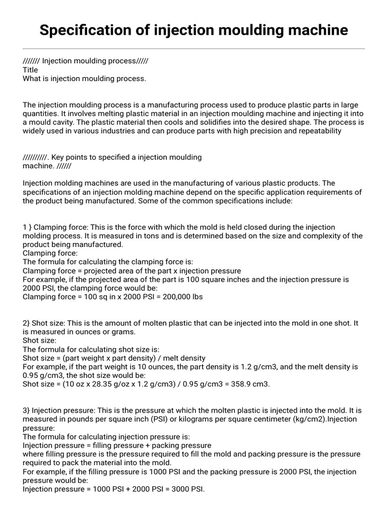 Specification of Injection Moulding Machine | PDF | Thermoplastic ...