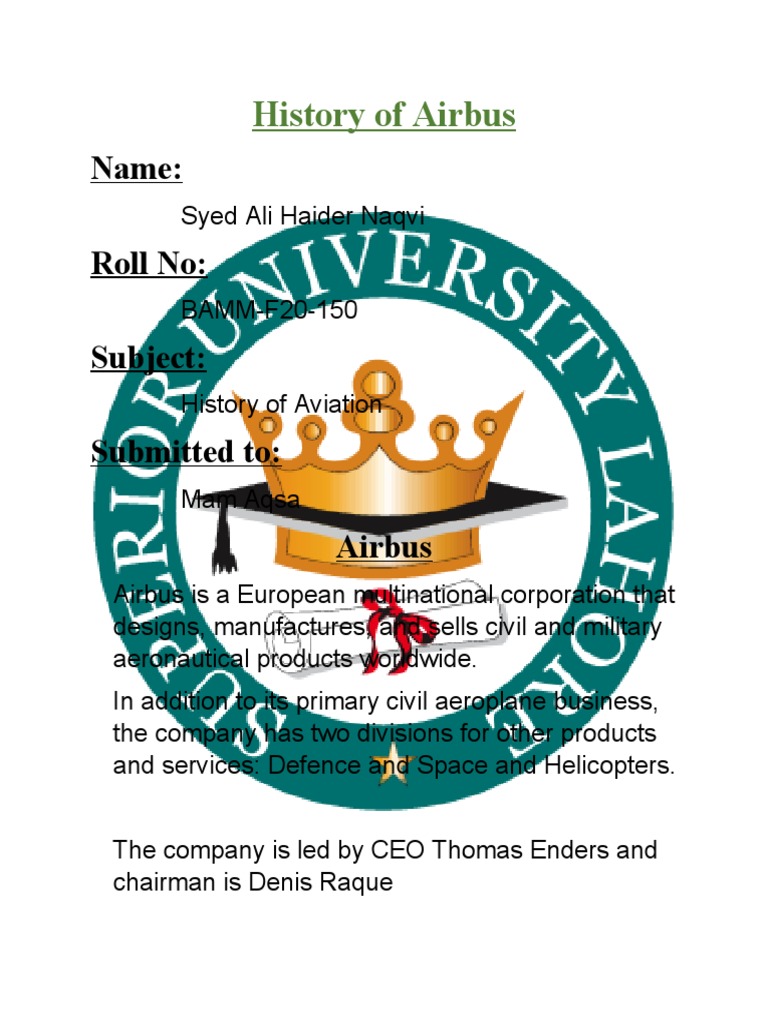 History of Airbus: Name: Roll No: Subject: Submitted To: Airbus | PDF ...